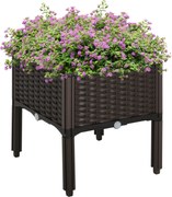 Zvýšený záhon Outsunny, květináč s drenážními otvory, květinový box v ratanovém vzhledu, plast, hnědý, 40 x 40 x 44 cm | Aosom