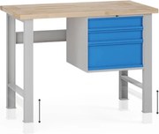 Výškově nastavitelný dílenský stůl G7, buková spárovka, 1200 x 685 x 840-1040 mm, 1x kontejner, 3 zásuvky, modrá