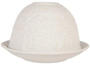 Bílý porcelánový svícen na čajovou svíčku s vánočním tradičním městečkem – 12x8 cm
