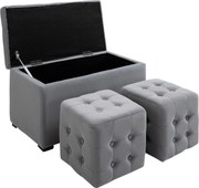 HOMCOM 3dílná sada se storage, 2 x taburety, čalouněná lavice, podnožka, úložný box, opěrka nohou, nosnost do 130 kg, mikrovlákno, pěna, 75 x 40 x 42