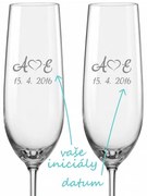 Svatební skleničky na sekt Monogramy se srdíčky 2 ks