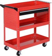 HOMCOM Vozík na nářadí, Vozík s 3 Policemi, Trolley se Zásuvkou, Montážní Vozík pro Garáže a Sklady, max. 60 kg Zatížení, Červený | Aosom