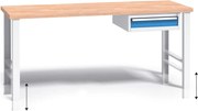 Výškově nastavitelný pracovní stůl do dílny G3 se závěsným boxem na nářadí, buková spárovka, 1 zásuvka, 1700 x 685 x 840 - 1050 mm, modrá