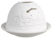 Bílý porcelánový svícen na čajovou svíčku s vánoční vesničkou Paollo - Ø 12 * 8 cm