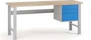Dílenský pracovní stůl G7, buková spárovka, 2000 x 800 x 840 mm, 1x kontejner, 3 zásuvky, modrá