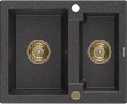 Mexen Carlos, granitový dřez 582x475x177 mm, 1,5-komorový, černá skvrnitá se zlatým sifonem, 6518581500-76-G