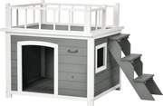 PawHut Psí Bouda s Balkonem, Elevated Pet House se Schody, Okno, Psí Doupě pro Malé až Velké Psy, Vyrobené z Borového Dřeva, Světlá Šedá, 121 x 77 x 7