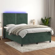 Box spring postel s matrací a LED tmavě zelená 140x200 cm samet