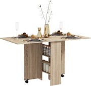 Skládací jídelní stůl HOMCOM – Sklápěcí stůl do kuchyně s kolečky, sklápěcími křídly a policemi pro 4-6 osob 75x140x74 cm Přírodní | Aosom