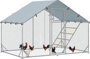 PawHut Výběh pro Slepice se Střechou, Ocelový Kurník 6 m² pro 6–8 Slepic, UV a Voděodolný 420D Kryt, Krmná Dvířka, Závěsné Krmítko a Bidýlka, 3 × 2 ×