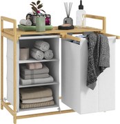 HOMCOM Prádelní Koš s 4 Přihrádkami, Bamboo Prádelní Koš 83L s 2 Vytahovacími a Odnímatelnými Textilními Taškami, Koš s Policí a Rukojetí 70 x 36 x 70