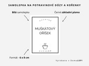 MUŠKÁTOVÝ OŘÍŠEK - omyvatelná samolepka na kořenky, výběr rozměrů Ø 5 cm / 5 x 5 cm / 6 x 8 cm | DomaLEP tvar: OBDÉLNÍK, barva: BÍLÁ - ČERNÉ písmo, velikost: š. 6 cm x v. 8 cm – základní písmo
