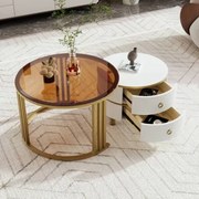 Aosom Kulatý konferenční stolek set, 70x70 cm & 50x50 cm, kulatý stolek se zásuvkami, bílá + hnědá