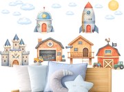 Domečky pro kluky textilní přelepitelné samolepky na zeď arch 46 x 36 cm