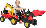 HOMCOM Pedálový Traktor s Přívěsem, Čelní Nakladač, Nastavitelná Lopata, Traktor na Sezení pro Děti od 3 Let, Červený | Aosom