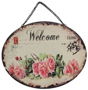 Závěsná kovová cedule s růžemi a řetízkem Welcome - 25*20 cm