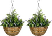 Outsunny Sada 2 Umělých Levandulových Rostlin s Květináčem a Hákem, PE a Proutí umělé rostliny, Ø25x34 cm, Zelené a Fialové | Aosom