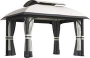 Gartenpavillon, 3,3 x 4 m Gartenzelt mit Netz-Vorhängen, zweistufiges Dach, Kunstleder-Bezug, Metallrahmen, Hellgrau