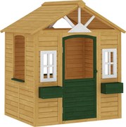 Dětský domek na hraní Dřevěný venkovní domek na hraní s dveřmi 3 okny 2 truhlíky na květiny pro děti od 3 do 8 let 134,5 x 97 x 150 cm Hnědá barva