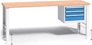 Výškově nastavitelný pracovní stůl do dílny G3 se závěsným boxem na nářadí, buková spárovka, 3 zásuvky, 2000 x 685 x 840 - 1050 mm, modrá
