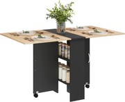 HOMCOM Skládací jídelní stůl s kolečky a skládacími křídly a policemi pro 4-6 osob 75x140x73 cm Přírodní a černá | Aosom