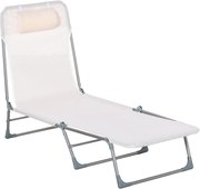 Skládací a polohovací zahradní lehátko Outsunny s nastavitelným opěrkou hlavy a 5 pozicemi opěradla, prodyšná textilní látka 182x56x28 cm Krémová | Ao