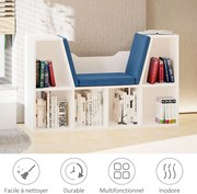 HOMCOM Knihovna s lavicí 2 v 1 Moderní design 6 oddílů 3 polštáře 102Š x 30H x 61V cm Bílá Modrá | Aosom