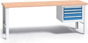 Pracovní stůl do dílny G3 se závěsným boxem na nářadí, buková spárovka, 4 zásuvky, pevné kovové nohy, 2000 mm, modrá