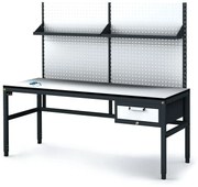Antistatický dílenský ESD stůl s perfopanelem a policemi, 1 zásuvkový box na nářadí, 1800x800x745-985 mm