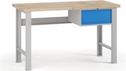 Dílenský pracovní stůl G7, buková spárovka, 1500 x 800 x 840 mm, 1x kontejner, 1 zásuvka, modrá