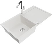 Mexen Leo 1-miskový granitový dřez s odkapávačem a kuchyňskou baterií Flora, Bílá - 6501-20-670401-07