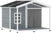 Psí bouda odolná proti povětrnostním vlivům, vyvýšená bouda ze dřeva s asfaltovou střechou, terasa, pro středně velké psy 103x107x83,5cm šedá