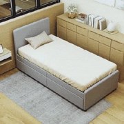 HOMCOM vysouvací postel 90 x 190 cm, jednolůžko/dvoulůžkový rám s kovovým lamelovým roštem, polstrovaná hlavová a nožní část, světle šedá