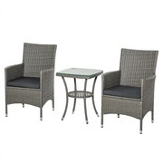 Souprava zahradního nábytku Outsunny Poly Rattan, venkovní lounge nábytek na balkon pro 2 osoby, 3-dílná sedací souprava, 2 křesla, stůl a polstry, za