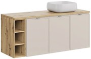 Závěsná skříňka Bella Cashmere Nika s deskou a umyvadlem 140 cm kašmírová/dub artisan