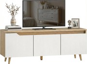 HOMCOM TV skříňka pro TV do 55" s 3 dveřmi a nastavitelnou policí – 5 borovicových nožiček, dub/bílá | Aosom