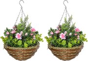 Outsunny Sada 2 Umělých Rostlin Lisianthus v Květináči s Háčkem, Umělé Rostliny z PE a Slinky, Ø25x34 cm, Zelená a Růžová | Aosom