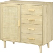 Úložný kabinet HOMCOM z ratanu s dvířky z proutí a 4 zásuvkami, do jídelny, obývacího pokoje, ložnice, 80 x 38 x 80,5 cm, efekt přirozeného dřeva | Ao