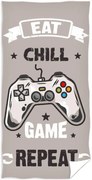 Velká plážová osuška Eat, Chill, Game &amp; Repeat - 100% bavlna s vysokou gramáží 400 g/m² - extra velký rozměr 90 × 180 cm