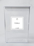 FUSILLI – bílá samolepka na dózu, základní písmo, 5 x 5 cm | DomaLEP