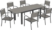 Zahradní set nábytku 7 ks, rozkládací stůl 150–225 cm + 6 židlí, hliník, imitace dřeva, šedý