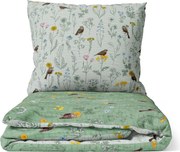 Krepové prodloužené povlečení Ptáčci v kvítí - zelené - duo Velikost: 140 x 220 + 70 x 90