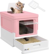 PawHut Kočičí Záchod s Víkem - Krytý Toaletní Přepravník pro Kočky do 5 kg 47,5 x 35,5 x 36,7 cm Bílá+Růžová | Aosom