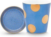 Pip Studio Dot Delight Light Blue-Gold hrnek bez ucha s odkládacím táckem 290ml, modro-zlatý (hrnek bez ucha z tenkostěnného porcelánu)