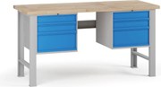 Dílenský pracovní stůl G7, buková spárovka, 1700 x 685 x 840 mm, 2x kontejner, 6 zásuvek, modrá