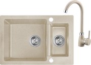 Laveo Celia, 1,5-komorový granitový dřez 650x440x195 mm + dřezová baterie s výlevkou ve tvaru U, béžová, LAV-SJCA430T