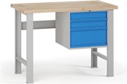 Dílenský pracovní stůl G7, buková spárovka, 1200 x 685 x 840 mm, 1x kontejner, 3 zásuvky, modrá