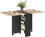 HOMCOM Skládací jídelní stůl s kolečky a skládacími křídly a policemi pro 4-6 osob 75x140x73 cm Přírodní a černá | Aosom