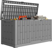 Outsunny 379 l uzamykatelný venkovní úložný box s plynovým pístem — dřevěný vzhled odolný proti UV, kávově hnědý, 122,5 × 56 × 62 cm | Aosom