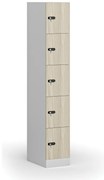 Šatní skříňka S1 s úložnými boxy, 5 boxů, 1850 x 300 x 500 mm, demont, mechanický kódový zámek, laminované dveře, dub přírodní